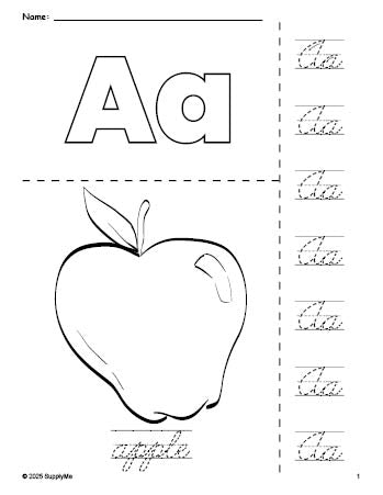 FREE Printable Apple Coloring Page and Cursive Letter Tracing Worksheet ...