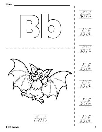 FREE Printable Bat Halloween Coloring Page and Cursive Letter Tracing ...