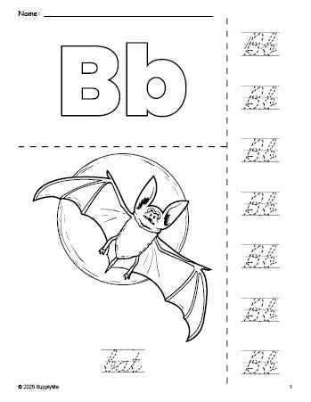 FREE Printable Bat Halloween Coloring Page and Cursive Letter Tracing ...
