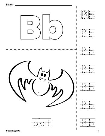 FREE Printable Bat Halloween Coloring Page and Letter Tracing Worksheet ...