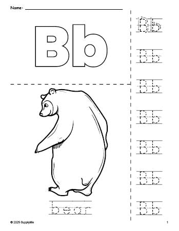 FREE Printable Bear Coloring Page and Letter Tracing Worksheet, Letter ...