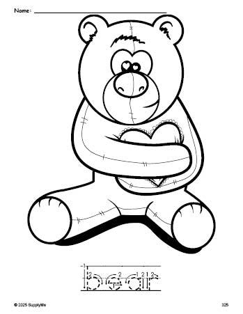 FREE Printable Bear Valentine's Day Coloring Page and Word Tracing ...