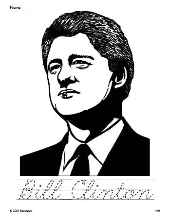 FREE Printable Bill Clinton Presidents' Day Coloring Page and Cursive ...