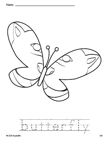 FREE Printable Butterfly Coloring Page and Word Tracing Worksheet ...