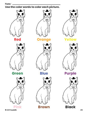 FREE Cat Coloring Page and Color Worksheet for Preschoolers to Learn ...