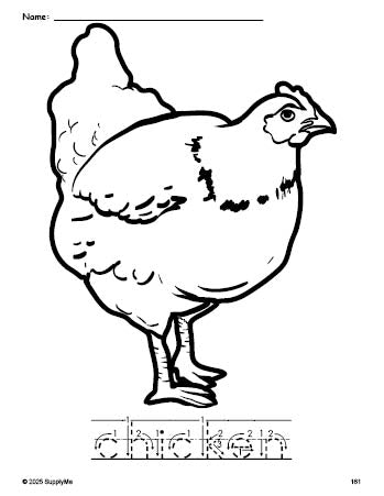 FREE Printable Chicken Coloring Page and Word Tracing Worksheet, Letter ...