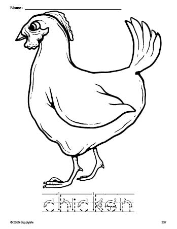 FREE Printable Chicken Coloring Page and Word Tracing Worksheet, Letter ...