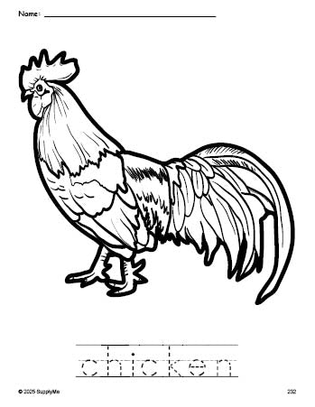 FREE Printable Chicken Coloring Page and Word Tracing Worksheet ...