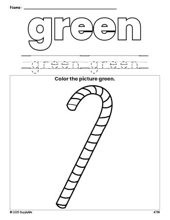 FREE Christmas Candy Cane Color Green Coloring Page and Color Worksheet ...