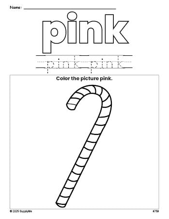 FREE Christmas Candy Cane Color Pink Coloring Page and Color Worksheet ...