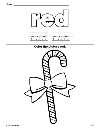 FREE Christmas Candy Cane Color Red Coloring Page and Color Worksheet ...