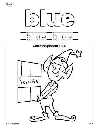 FREE Christmas Elf Color Blue Coloring Page and Color Worksheet, Blue ...