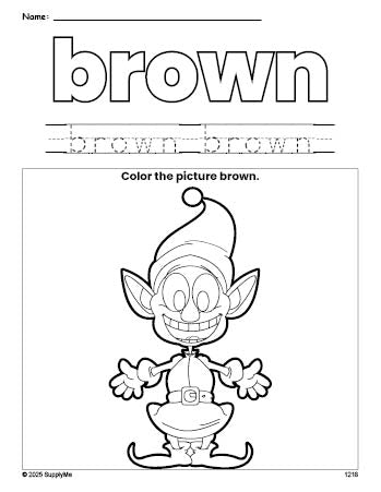FREE Christmas Elf Color Brown Coloring Page and Color Worksheet, Brown ...