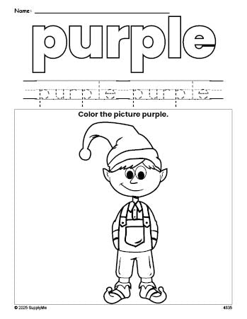 FREE Christmas Elf Color Purple Coloring Page and Color Worksheet ...