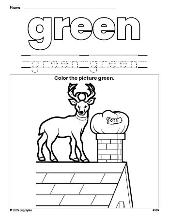 FREE Christmas Reindeer Color Green Coloring Page and Color Worksheet ...