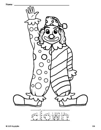 FREE Printable Clown Coloring Page and Word Tracing Worksheet, Letter ...