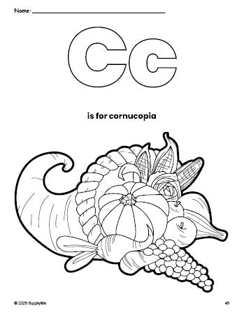 FREE Printable Cornucopia Thanksgiving Coloring Page, Letter C Coloring ...