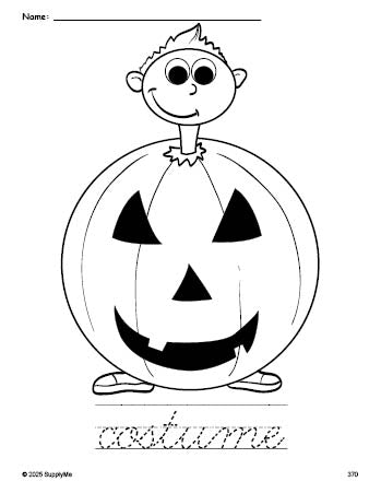 FREE Printable Costume Halloween Coloring Page and Cursive Word Tracing ...