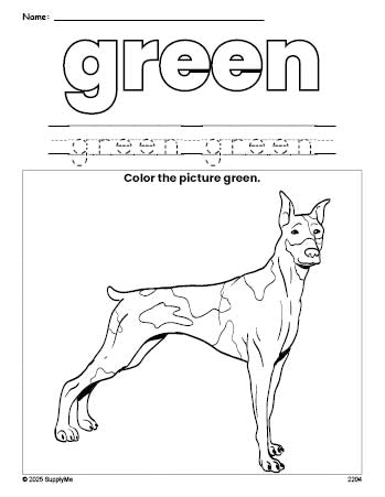 FREE Dog Color Green Coloring Page and Color Worksheet, Green Worksheet ...