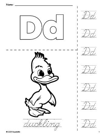 FREE Printable Duckling Coloring Page and Cursive Letter Tracing ...