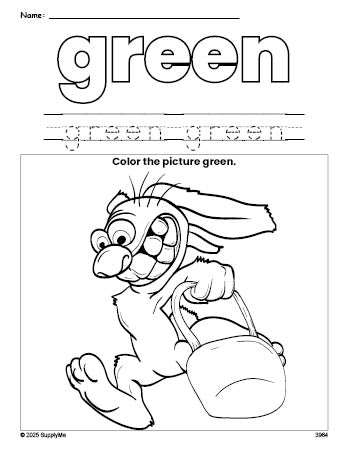 FREE Easter Bunny Color Green Coloring Page and Color Worksheet, Green ...