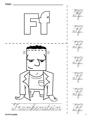 FREE Printable Frankenstein Halloween Coloring Page and Cursive Letter ...