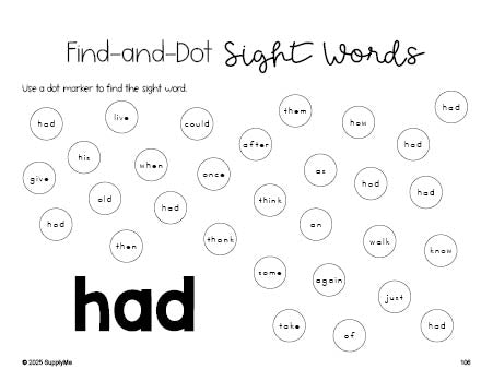 FREE First Grade Worksheet, Sight Word Dot Marker Printable Coloring ...