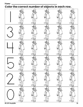 FREE Pilgrim Count and Color Worksheet for Preschoolers, Thanksgiving ...