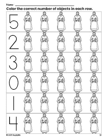 FREE Pilgrim Count and Color Worksheet for Preschoolers, Thanksgiving ...