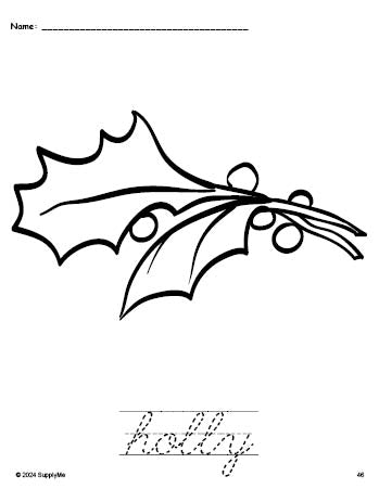 FREE Printable Holly Christmas Coloring Page and Cursive Word Tracing ...