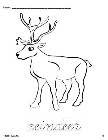 FREE Printable Reindeer Christmas Coloring Page and Cursive Word ...