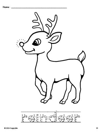 FREE Printable Reindeer Christmas Coloring Page and Word Tracing ...