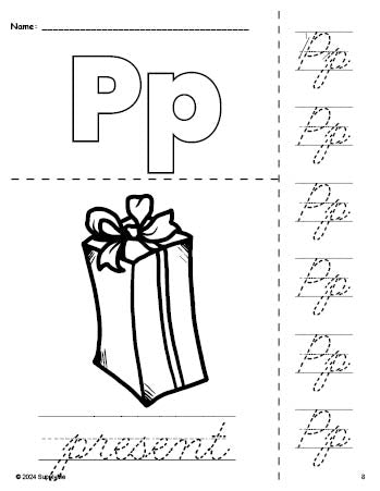FREE Printable Present Christmas Coloring Page and Cursive Letter ...