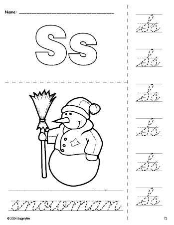 FREE Printable Snowman Winter Coloring Page and Cursive Letter Tracing ...