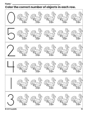 FREE Turkey Count and Color Worksheet for Preschoolers, Thanksgiving ...