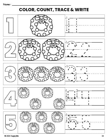 FREE Printable Wreath Christmas Coloring Page and Number Tracing ...