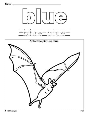 FREE Halloween Bat Color Blue Coloring Page and Color Worksheet, Blue ...