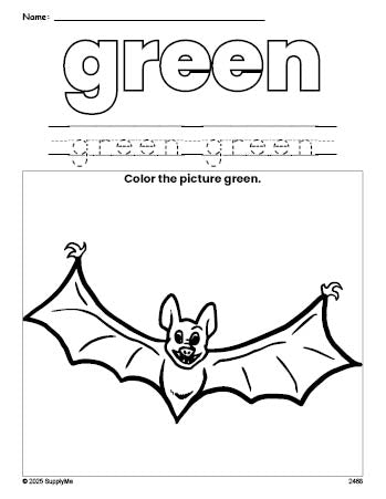 FREE Halloween Bat Color Green Coloring Page and Color Worksheet, Green ...