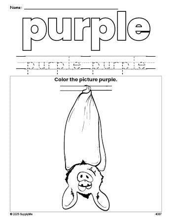 FREE Halloween Bat Color Purple Coloring Page and Color Worksheet ...