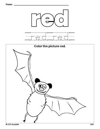 FREE Halloween Bat Color Red Coloring Page and Color Worksheet, Red ...