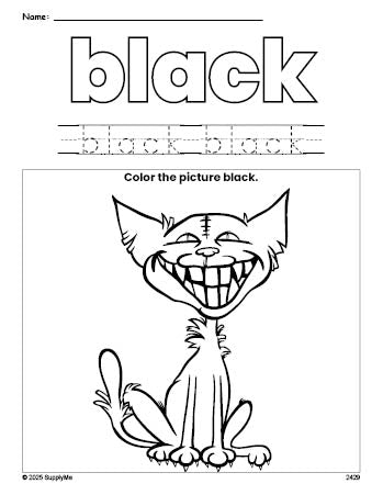 FREE Halloween Cat Color Black Coloring Page and Color Worksheet, Black ...