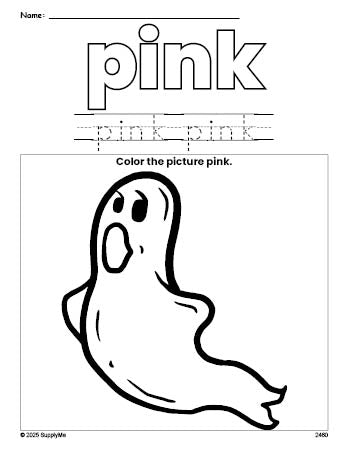 FREE Halloween Ghost Color Pink Coloring Page and Color Worksheet, Pink ...
