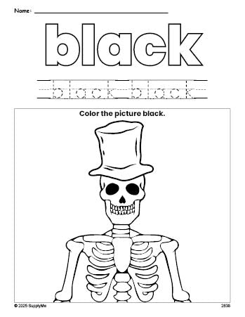 FREE Halloween Skeleton Color Black Coloring Page and Color Worksheet ...