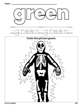 FREE Halloween Skeleton Color Green Coloring Page and Color Worksheet ...