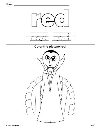 FREE Halloween Vampire Color Red Coloring Page and Color Worksheet, Red ...