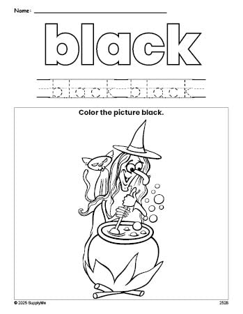FREE Halloween Witch Color Black Coloring Page and Color Worksheet ...