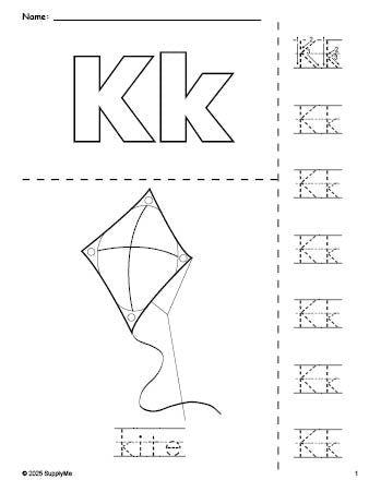 FREE Printable Kite Coloring Page and Letter Tracing Worksheet, Letter ...