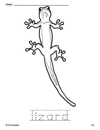 FREE Printable Lizard Coloring Page and Word Tracing Worksheet, Perfect ...