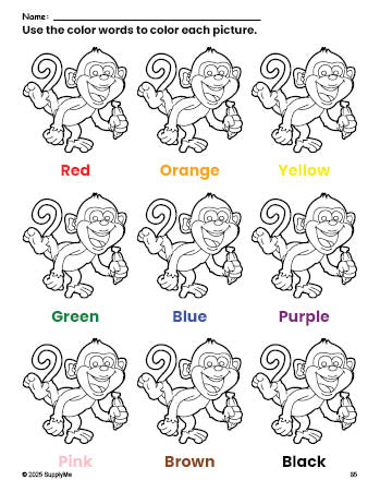 FREE Monkey Coloring Page and Color Worksheet for Preschoolers to Learn ...
