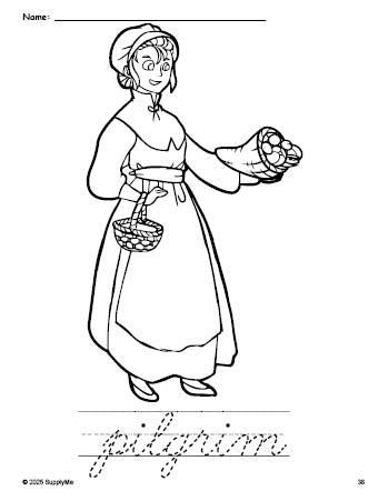 FREE Printable Pilgrim Thanksgiving Coloring Page and Cursive Word ...